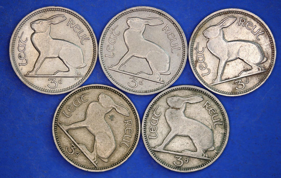 GENUINE 5 Irish Threepences 3d Ireland EIRE, Irish Hare Coins, Various ...