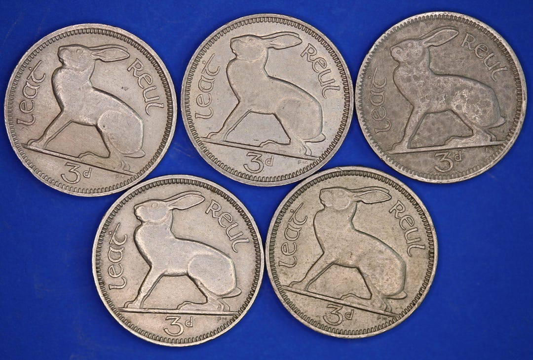 GENUINE 5 Irish Threepences 3d Ireland EIRE, Irish Hare Coins, Various ...