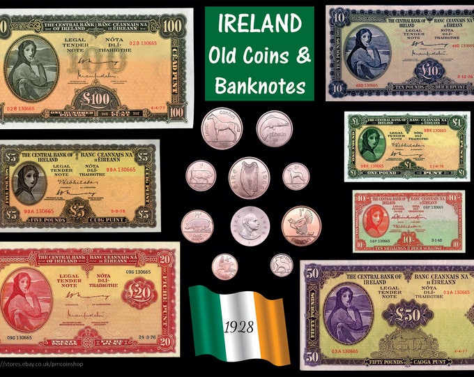 IRELAND Old Coins & Banknotes Poster A3 rolled Irish EIRE Lady Lavery ...