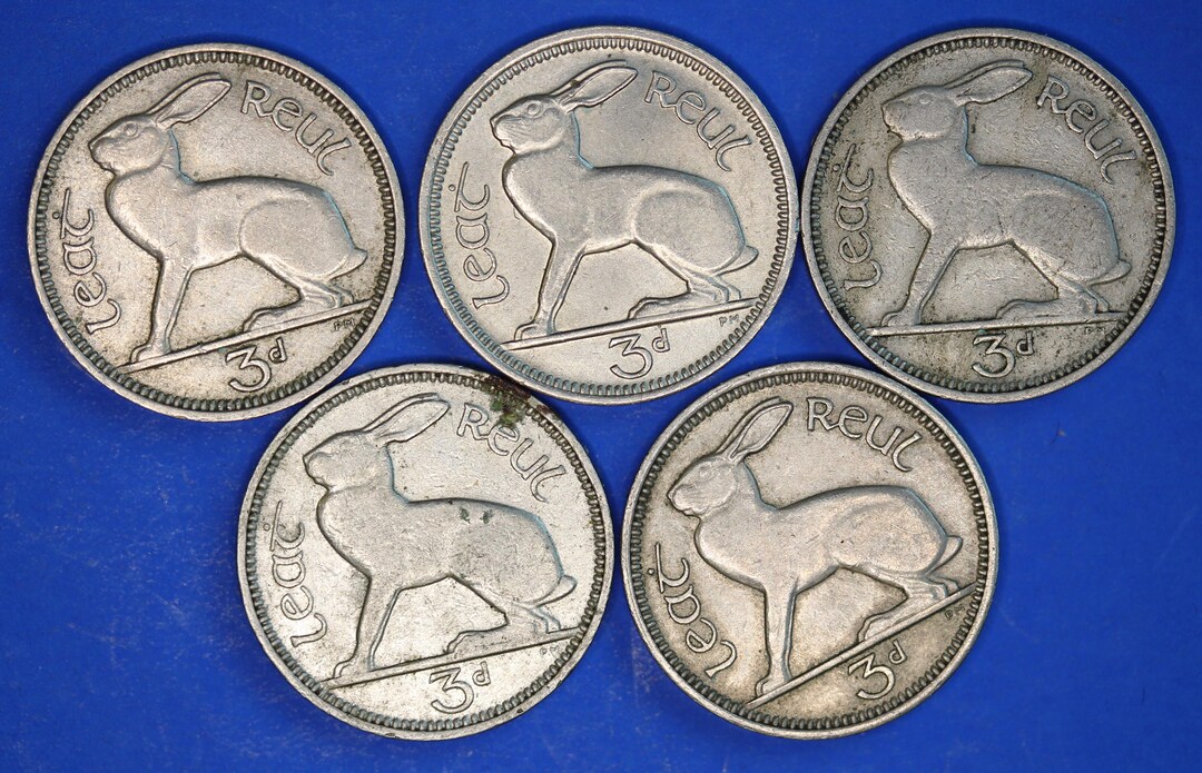 GENUINE 5 Irish Threepences 3d Ireland EIRE, Hare Coins, Various Dates ...