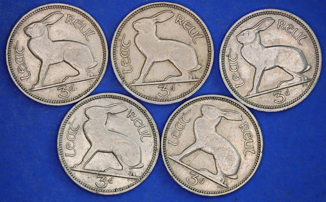 GENUINE 5 Irish Threepences 3d Ireland EIRE, Irish Hare Coins, Various ...