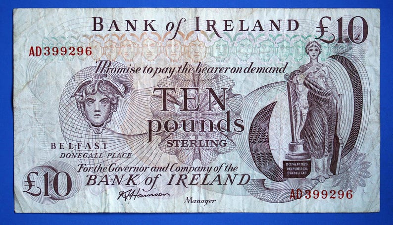 1984 Bank of Ireland Ten Pound Banknote, Northern Ireland, Harrison "ad ...