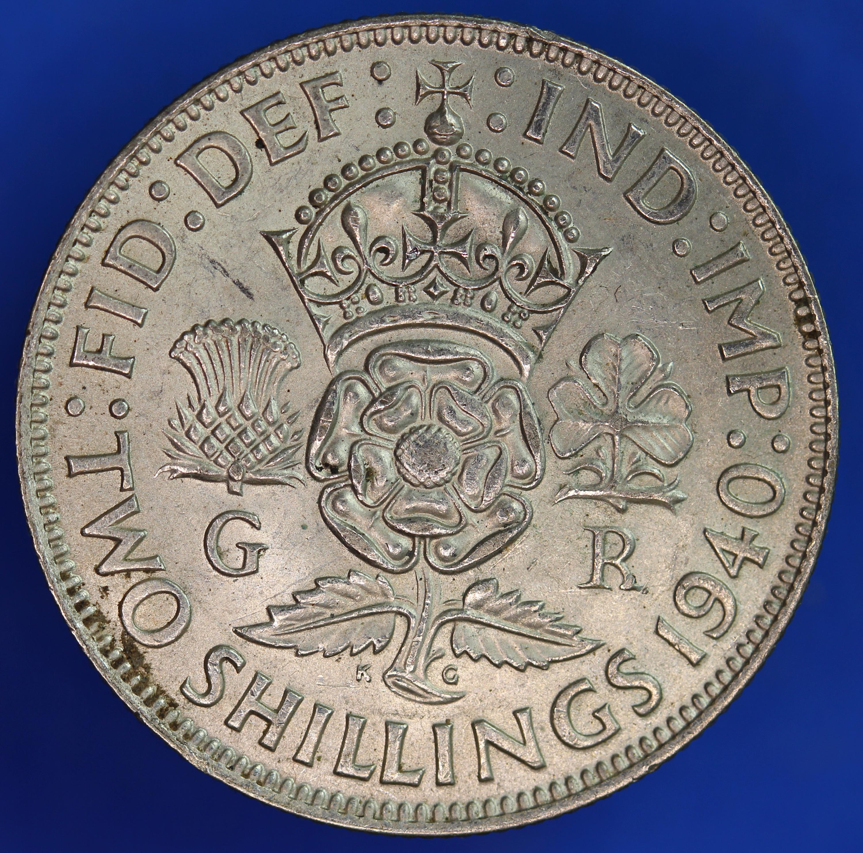 GENUINE British Coin - 1940 George VI Two Shillings, 50% Silver Coin ...