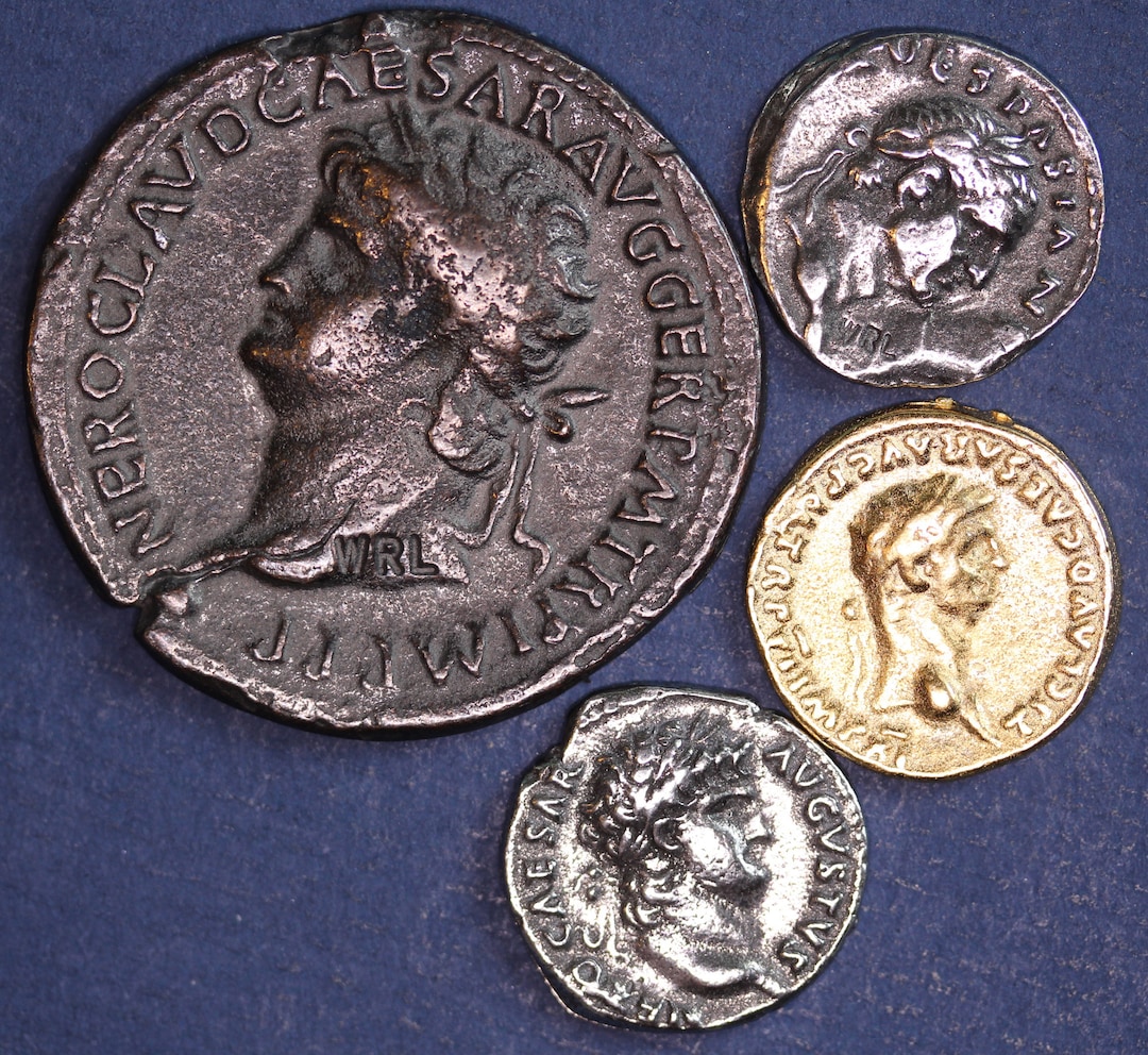 4 REPRODUCTION Roman Coins, Sestertius, Aureus, Denarius, Nice Group ...