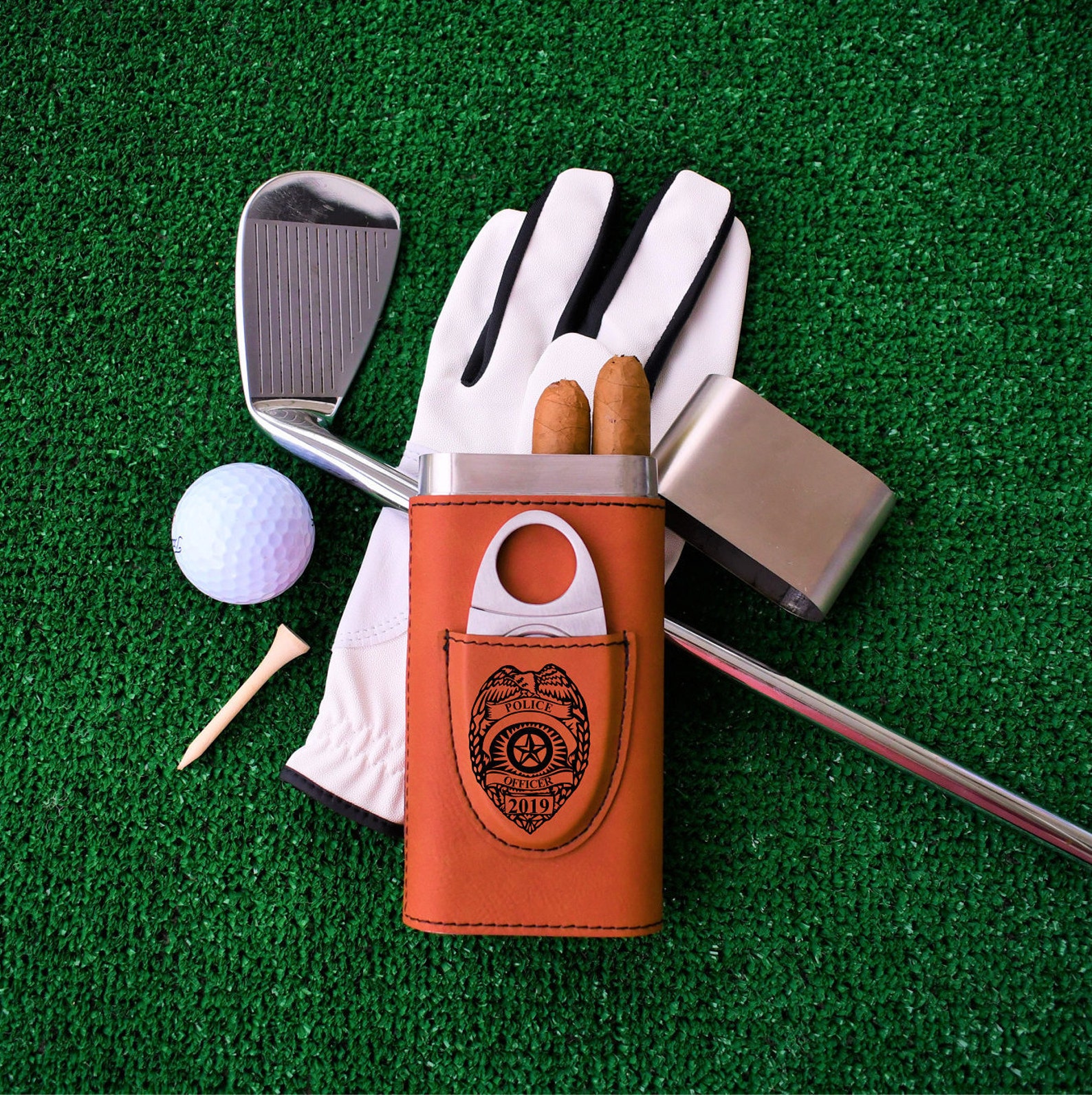 Custom Police Badge Cigar Case – Leatherette Stainless Steel, Cutter ...