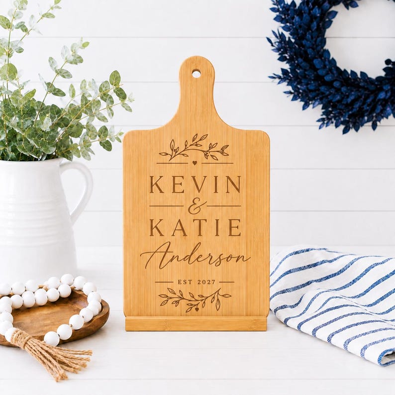 Personalized Tablet Stand for Kitchen, Engraved Bamboo Recipe Holder ...