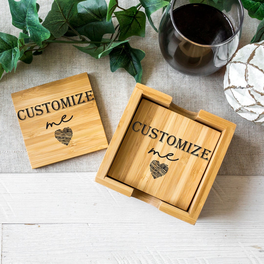 Personalized Bamboo Coaster Set, Square Coasters With Holder - Etsy