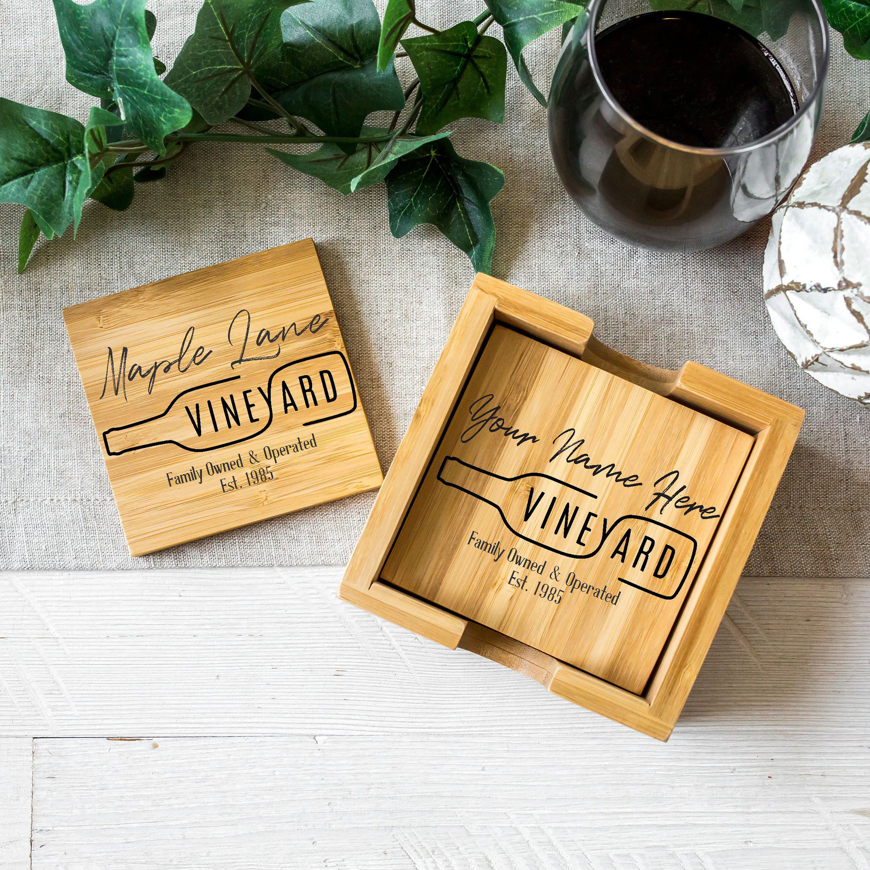 Personalized bamboo coasters set of 4 coasters with holder | Etsy