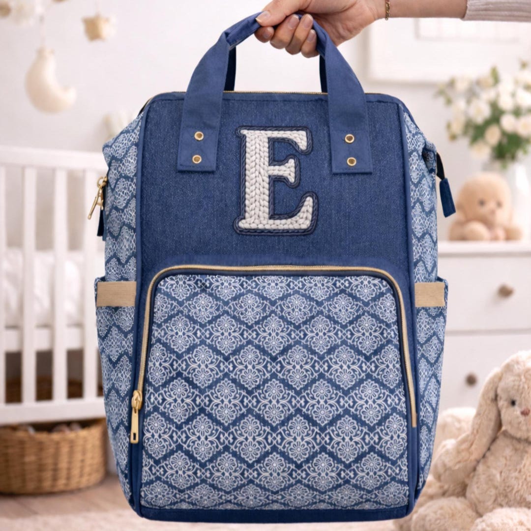 Personalized Denim Diaper Bag, Custom Monogram Baby Bag, Floral Navy ...