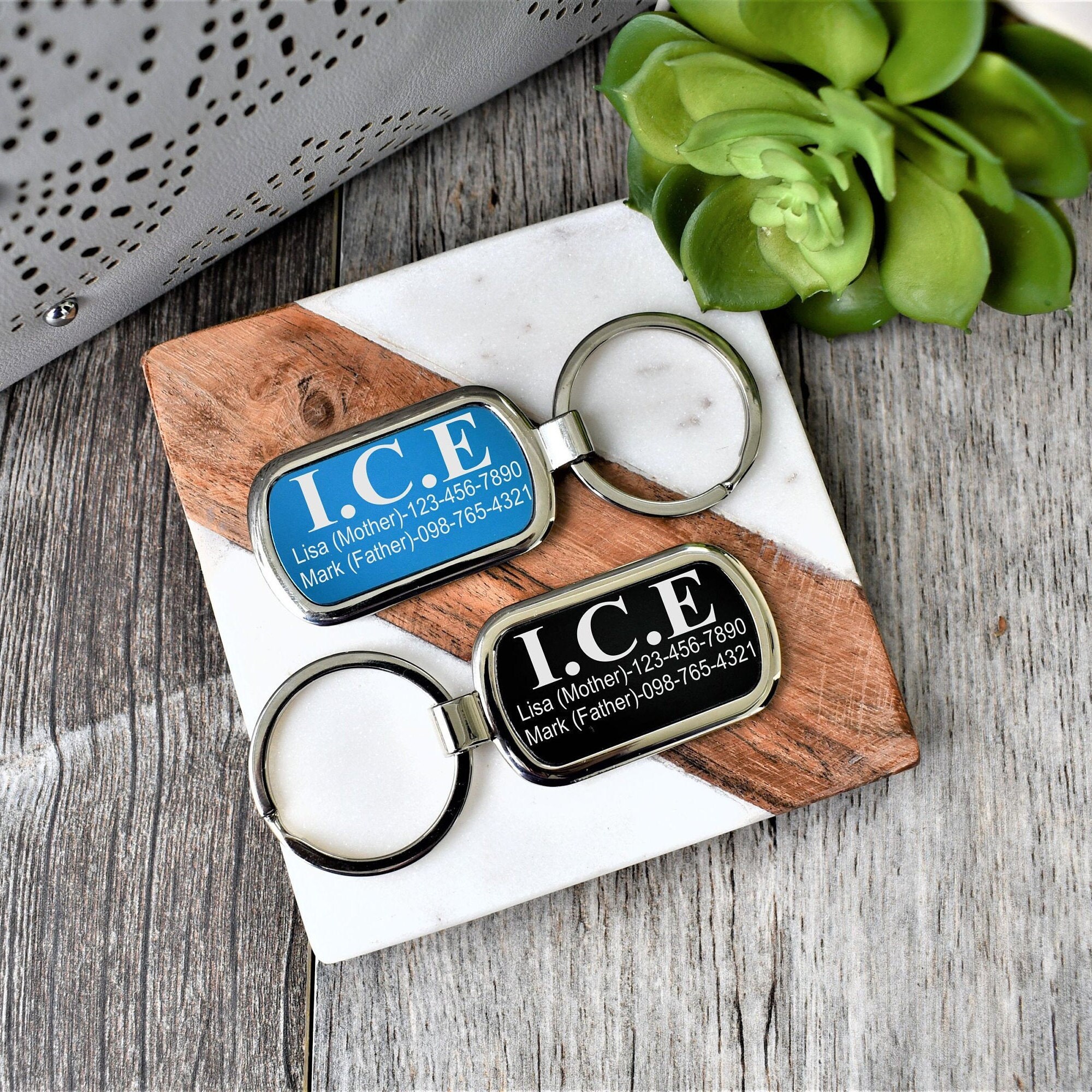 ICE Keychain Emergency Contact Key Chain Personalized - Etsy