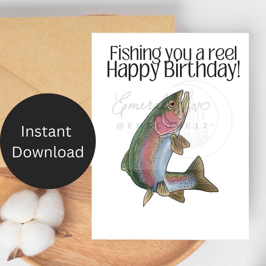 Fishing Birthday Instant Download Printable 5x7 Card Rainbow Trout - Etsy