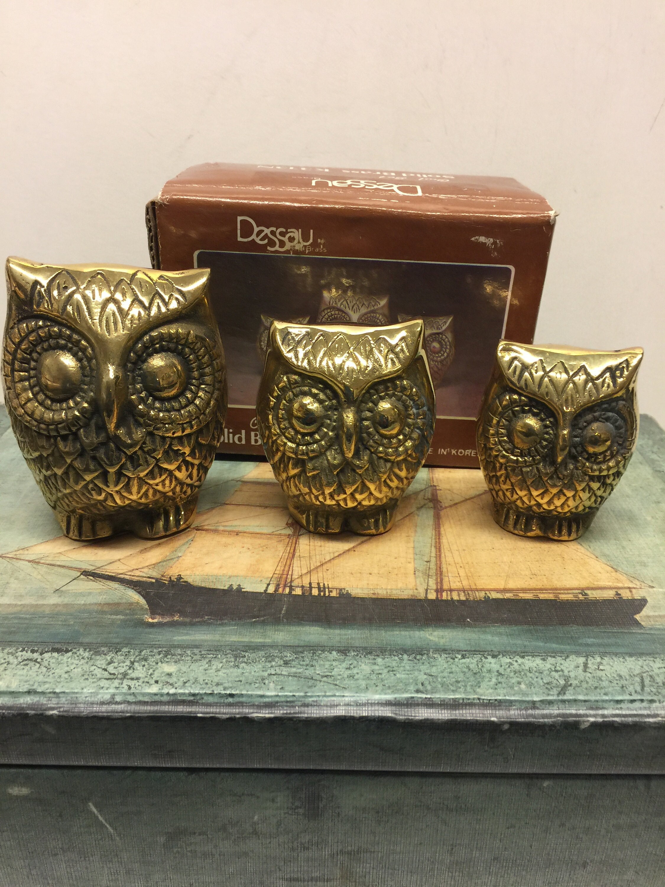 Vintage BRASS Owls, Set of 3 With Box, Vintage Owls, Graduated Brass ...