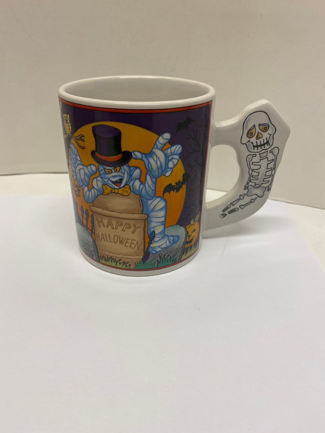 Vintage Halloween Coffee Mug, Mummy, Bats, Pumpkin, Skeleton Handle ...