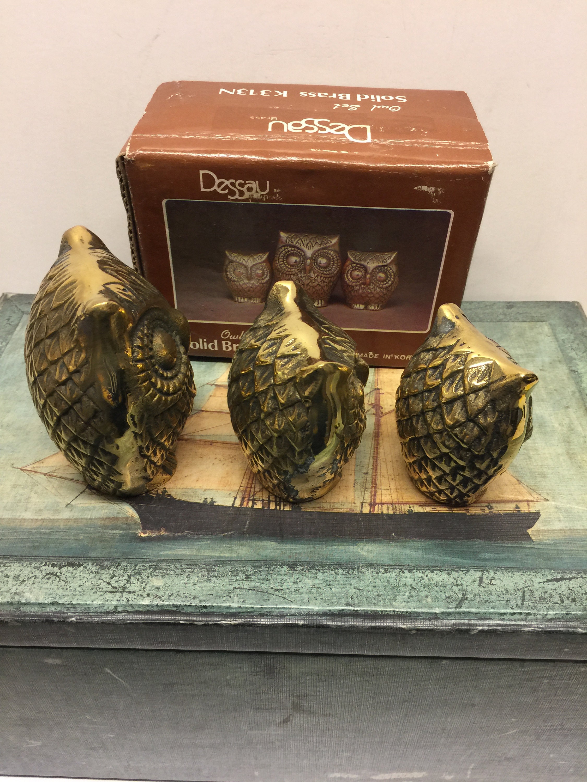 Vintage BRASS Owls, Set of 3 With Box, Vintage Owls, Graduated Brass ...