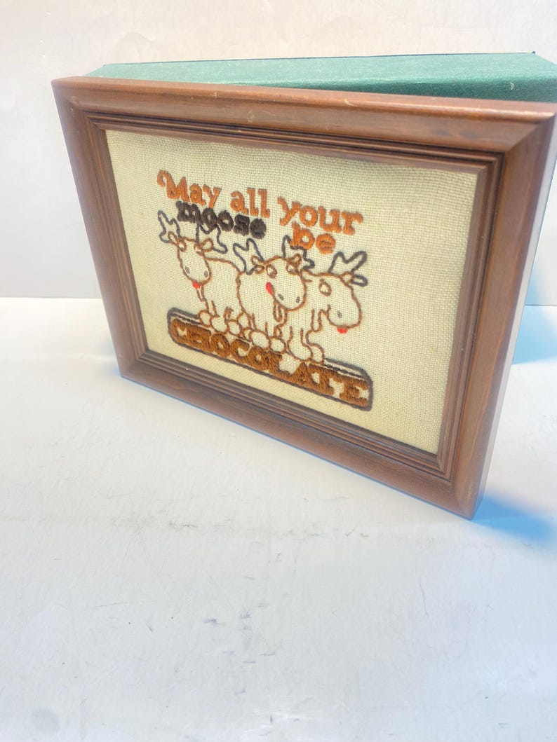 Vintage Crewel Cross Stitch Art, Framed Wall Art, "may All Your Moose ...