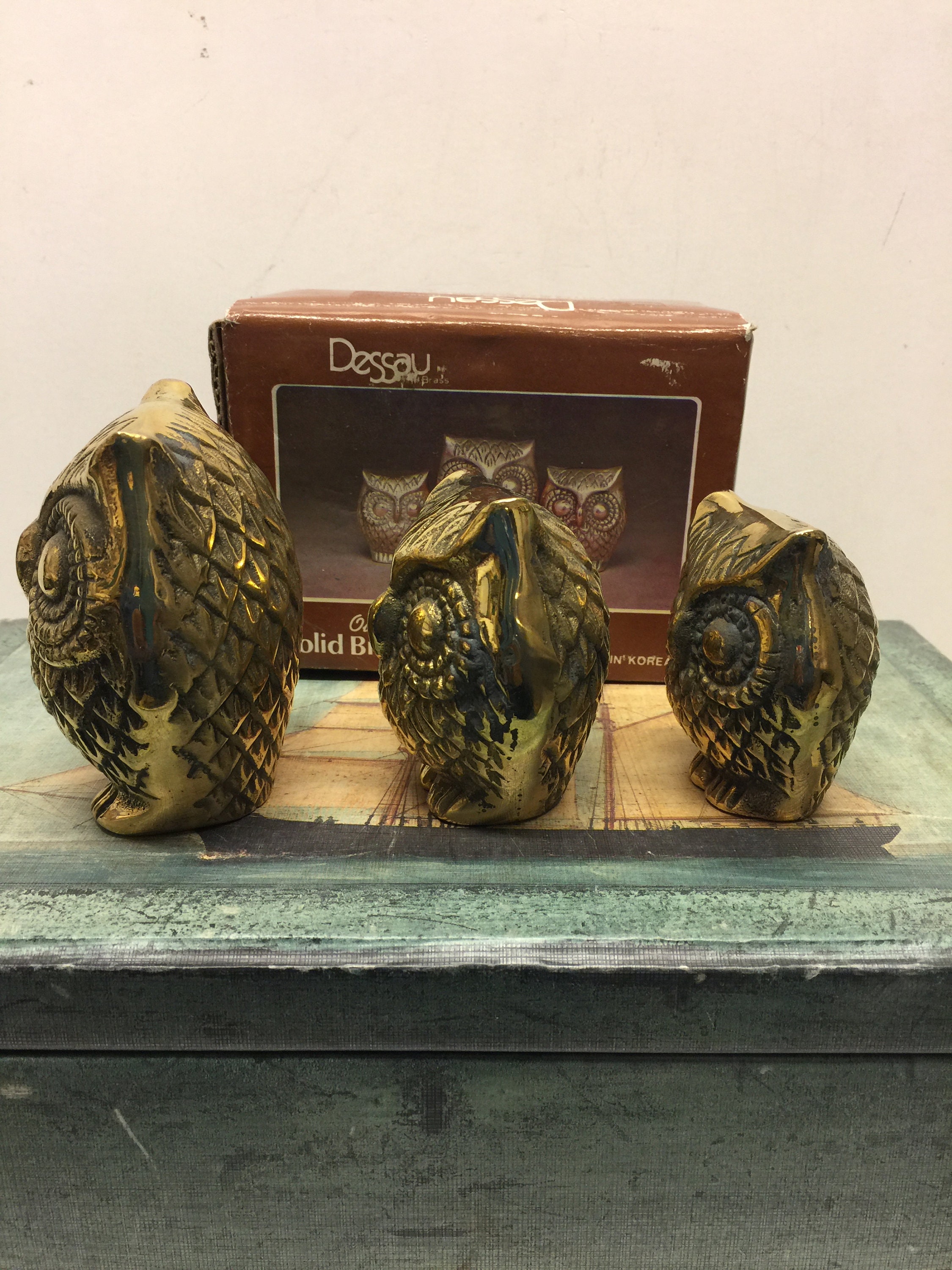 Vintage BRASS Owls, Set of 3 With Box, Vintage Owls, Graduated Brass ...