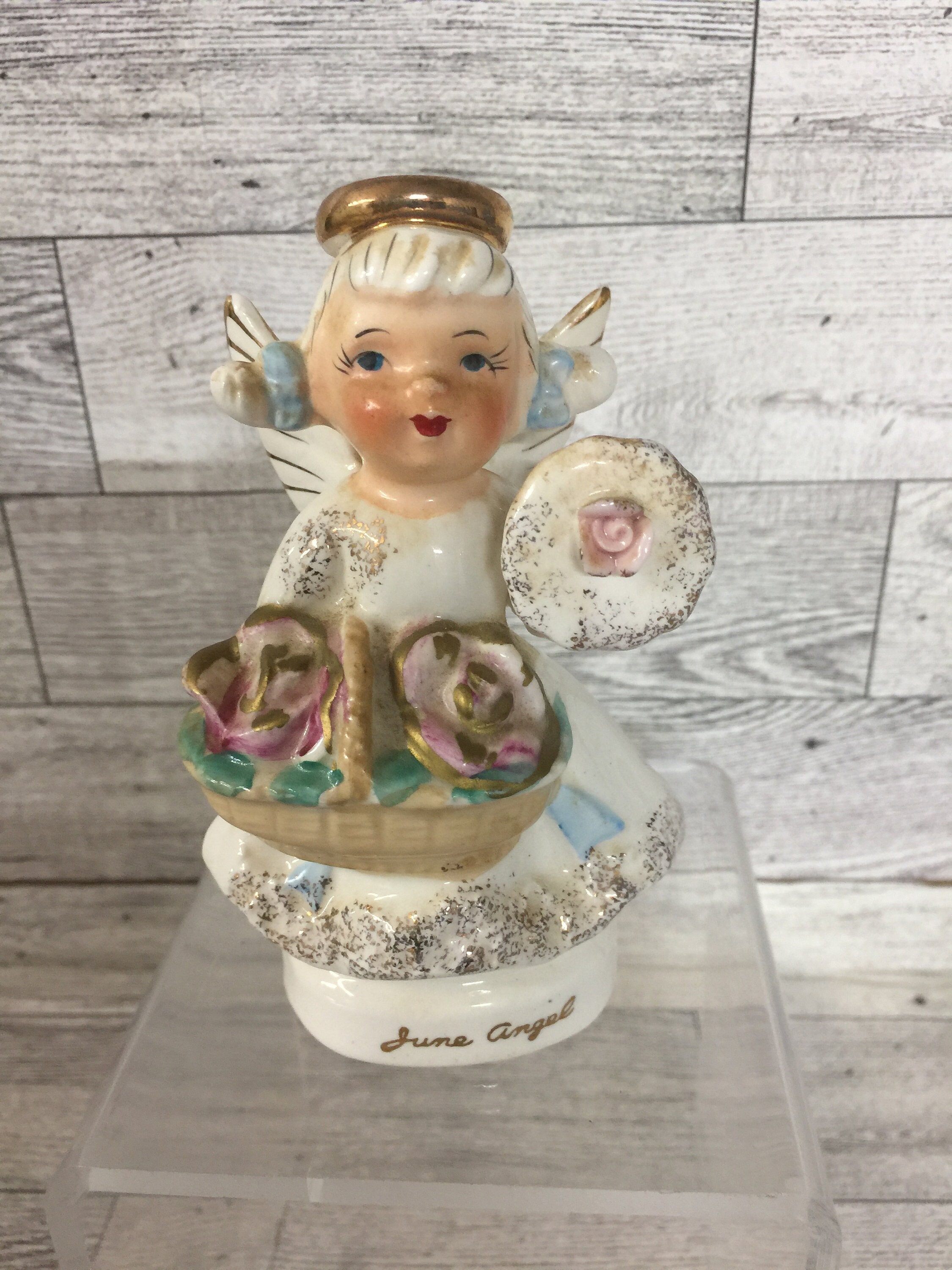 Vintage Lefton June Angel, Rose Basket Figurine, Birthday Girl, Summer ...