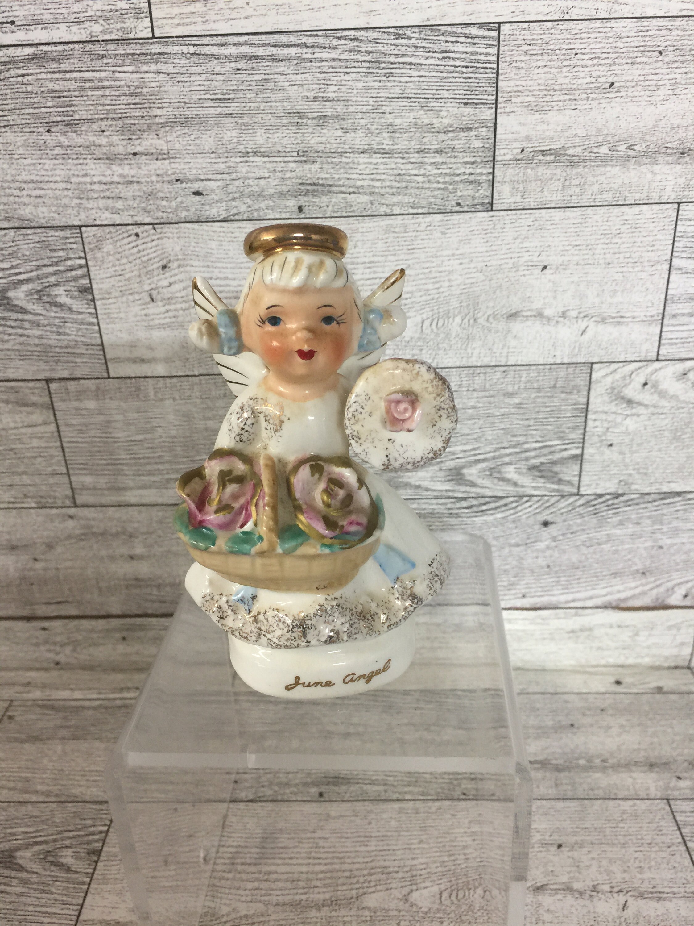 Vintage Lefton June Angel, Rose Basket Figurine, Birthday Girl, Summer ...