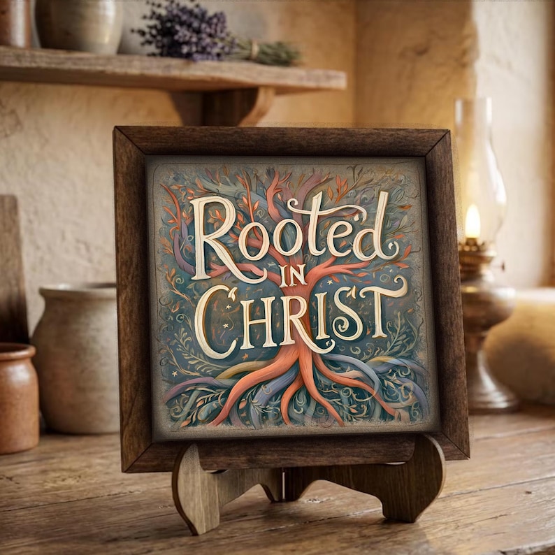 Rooted in Christ Wood Sign With Easel | Faith Farmhouse Decor ...