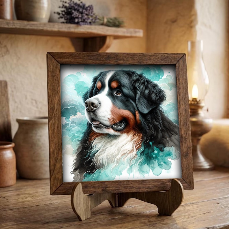 Bernese Mountain Dog Wood Sign With Easel | Watercolor Dog Portrait Art ...
