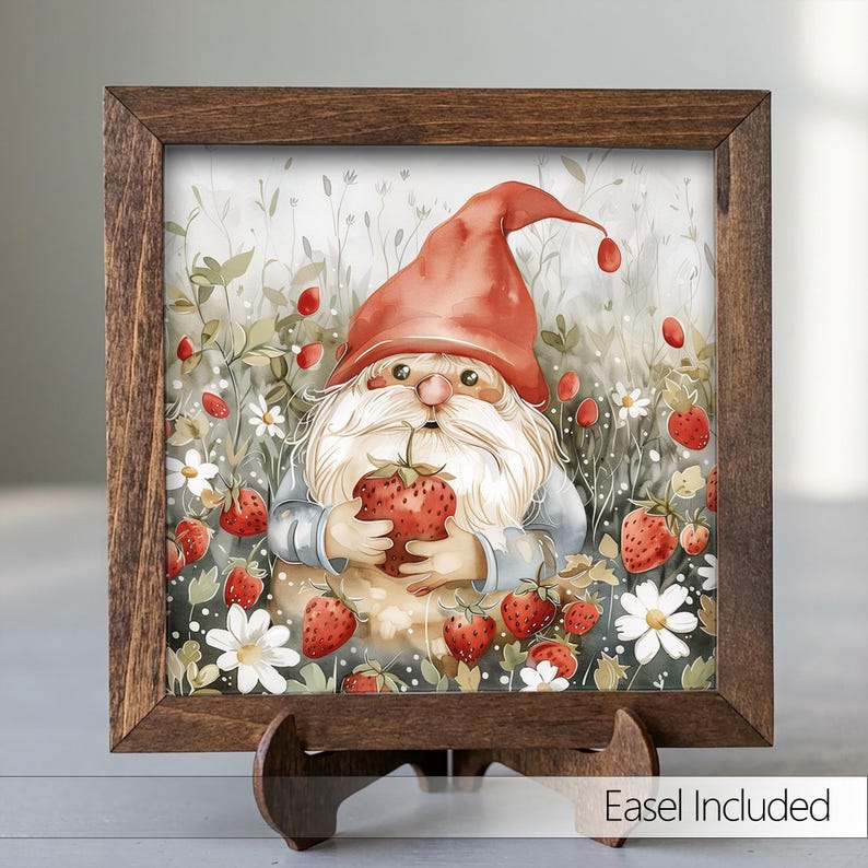 Strawberry Gnome Wood Sign With Easel | Watercolor Garden Decor ...