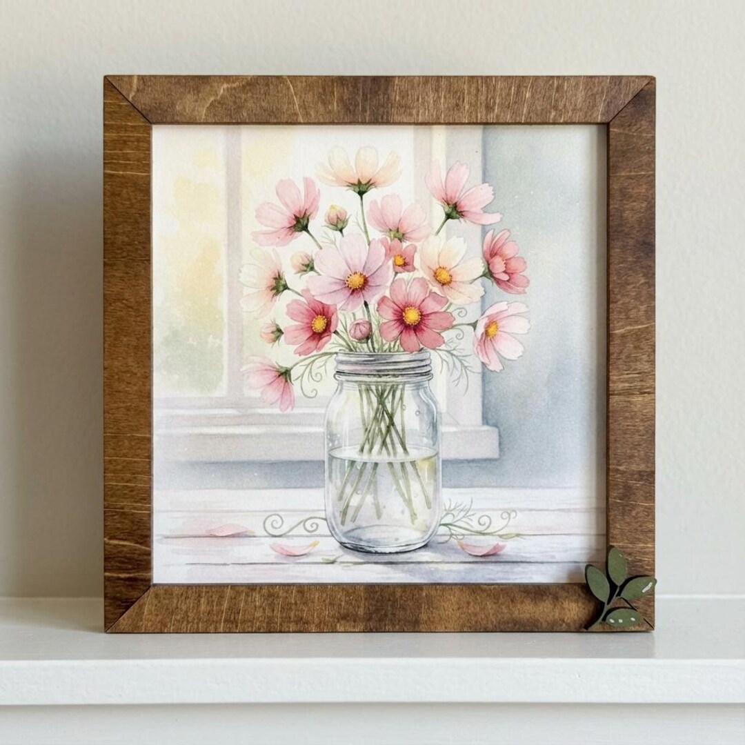 Cosmos Flower Art Sign – Rustic Mason Jar Floral Wall Decor – 5.5 ...