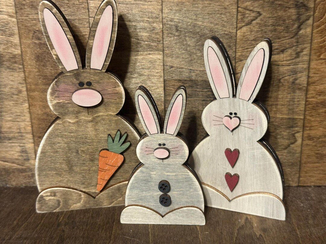Rustic Wooden Bunny Decor Set – Hand Painted Easter Shelf Sitters ...