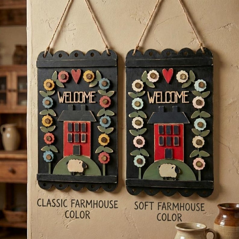 Farmhouse Welcome Sign | Sheep & Barn Wood Wall Decor | Handmade ...