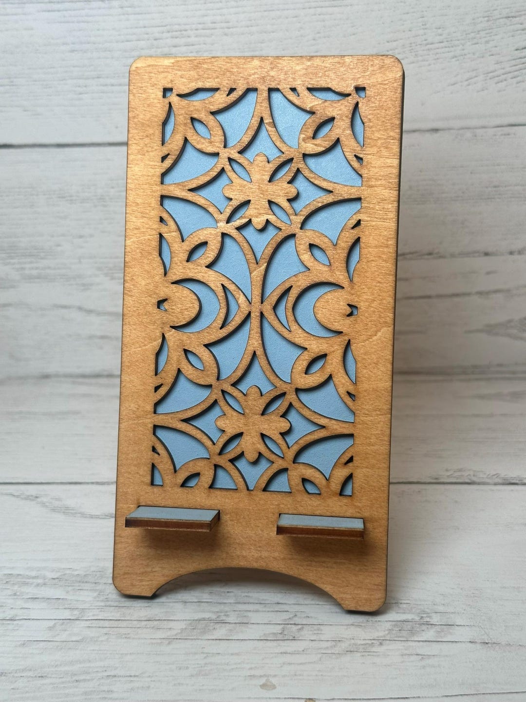 Ornate Wooden Phone Stand With Floral Pattern, Rustic Laser Cut Holder ...