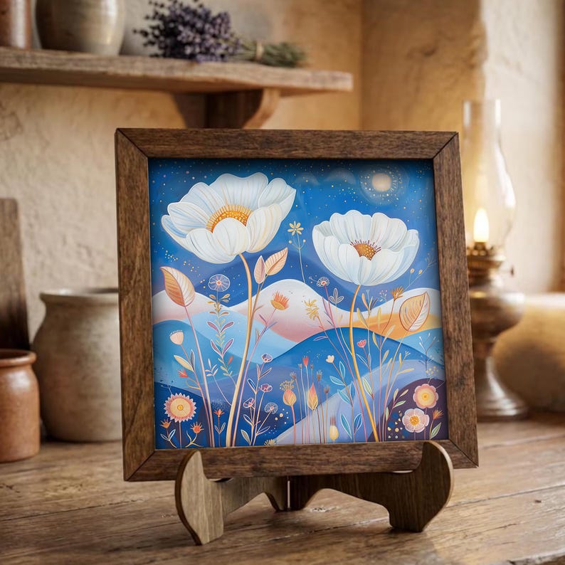 White Cosmos Wood Sign With Easel | Blue Night Sky Botanical Easel Sign ...