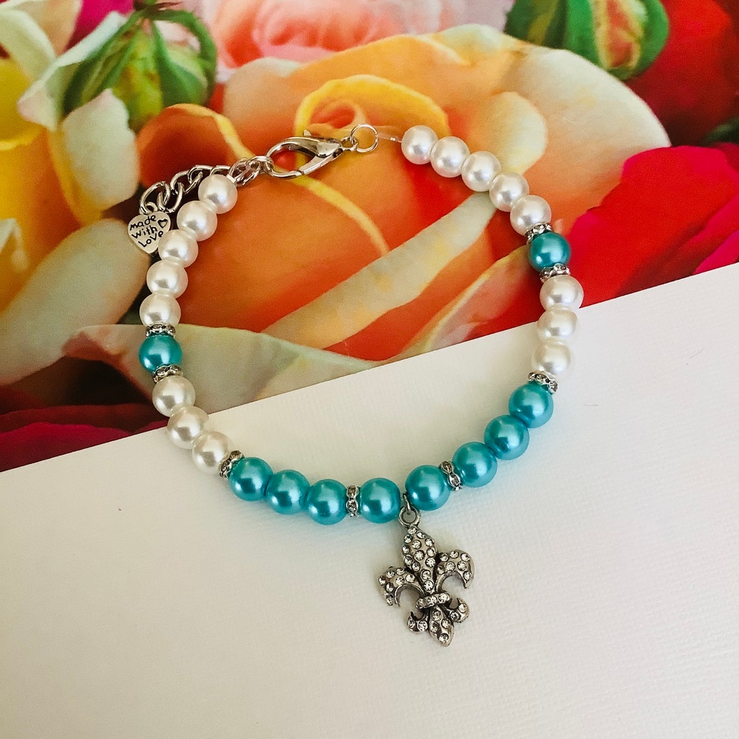 Turquoise Pearl Dog Cat Collar Necklace Rhinestone Fleur De Lis Charm ...