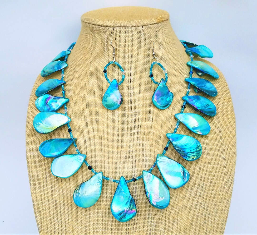 Handmade Iridescent Sea Shell Statement Jewelry Set, 4 Color Options ...