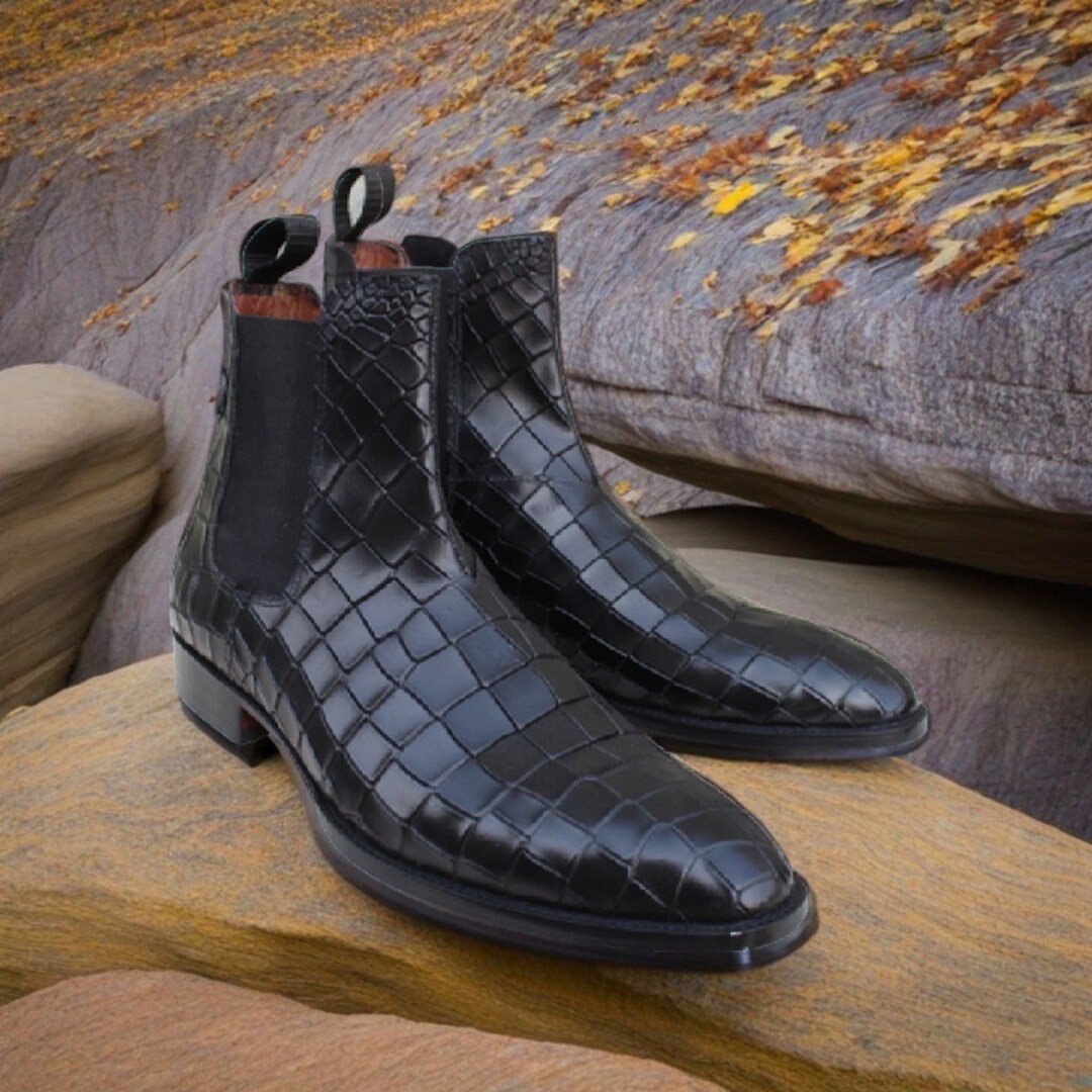 Men Black Crocodile Texture Leather Chelsea Boot Style - Etsy