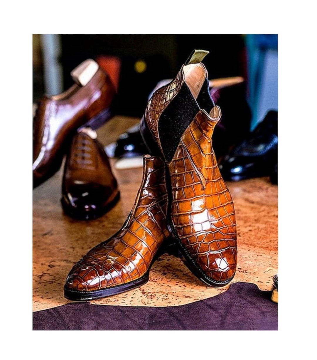 Handmade Men's Tan Crocodile Texture Chelsea Boots, Winter Ankle Boots ...