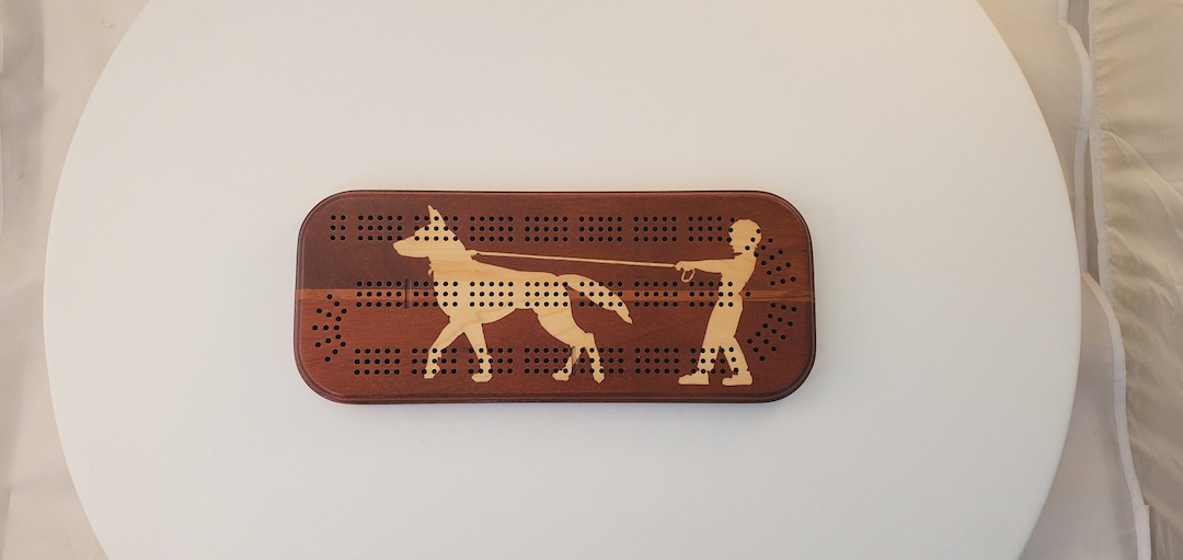 Cribbage Board, Boy Walking His Dog, 3 Player, Various Hardwoods, With ...