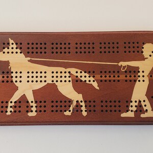Cribbage Board, Boy Walking His Dog, 3 Player, Various Hardwoods, With ...