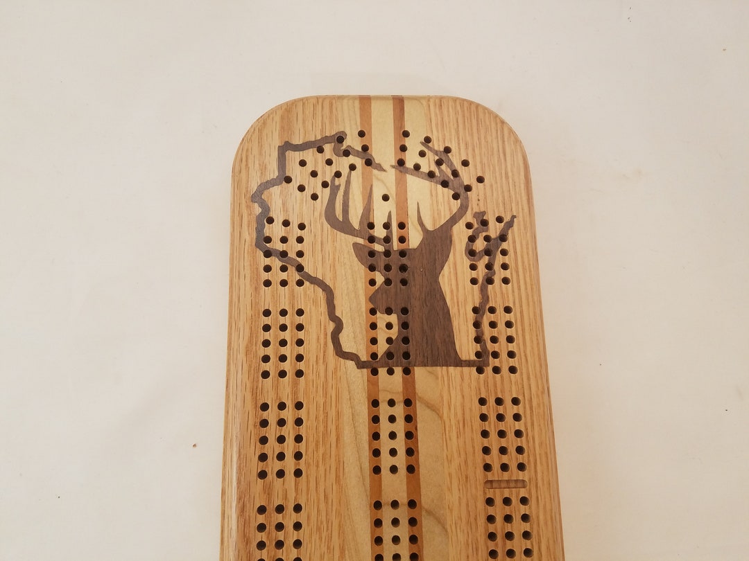 Cribbage Board, Wisconsin State Deer Inlay, 3 Player, Mixed Hardwoods ...