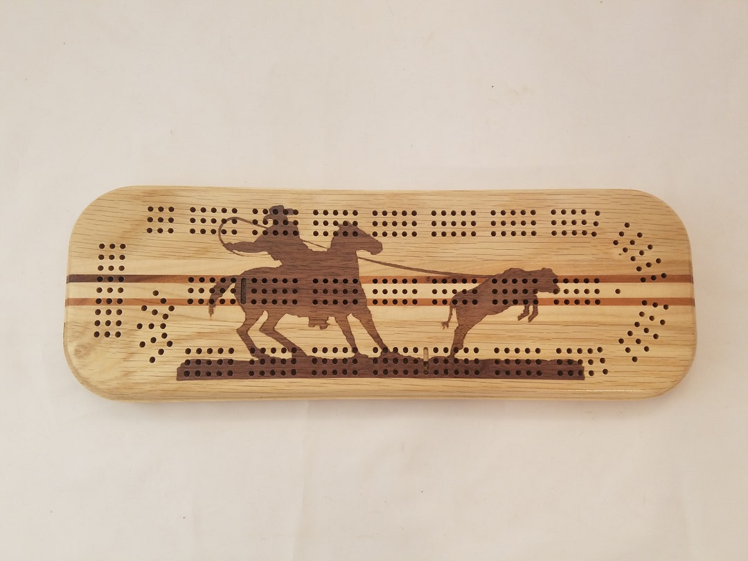 Cribbage Board, Cowboy Roping Calf Inlay, 3 Player, Mixed Hardwood ...