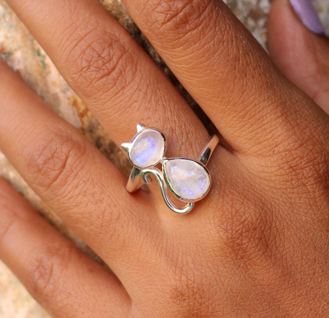 Cat Ring,genuine Moonstone Ring,animal Jewelry,moonstone Ring,solid 925 ...