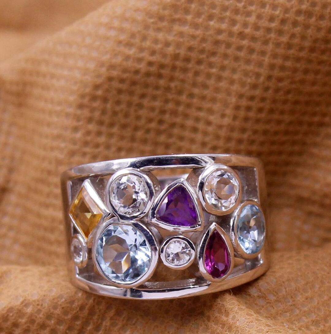 Gorgeous Silver Multi Gemstone Ring Band,solid 925 Sterling Silver ...