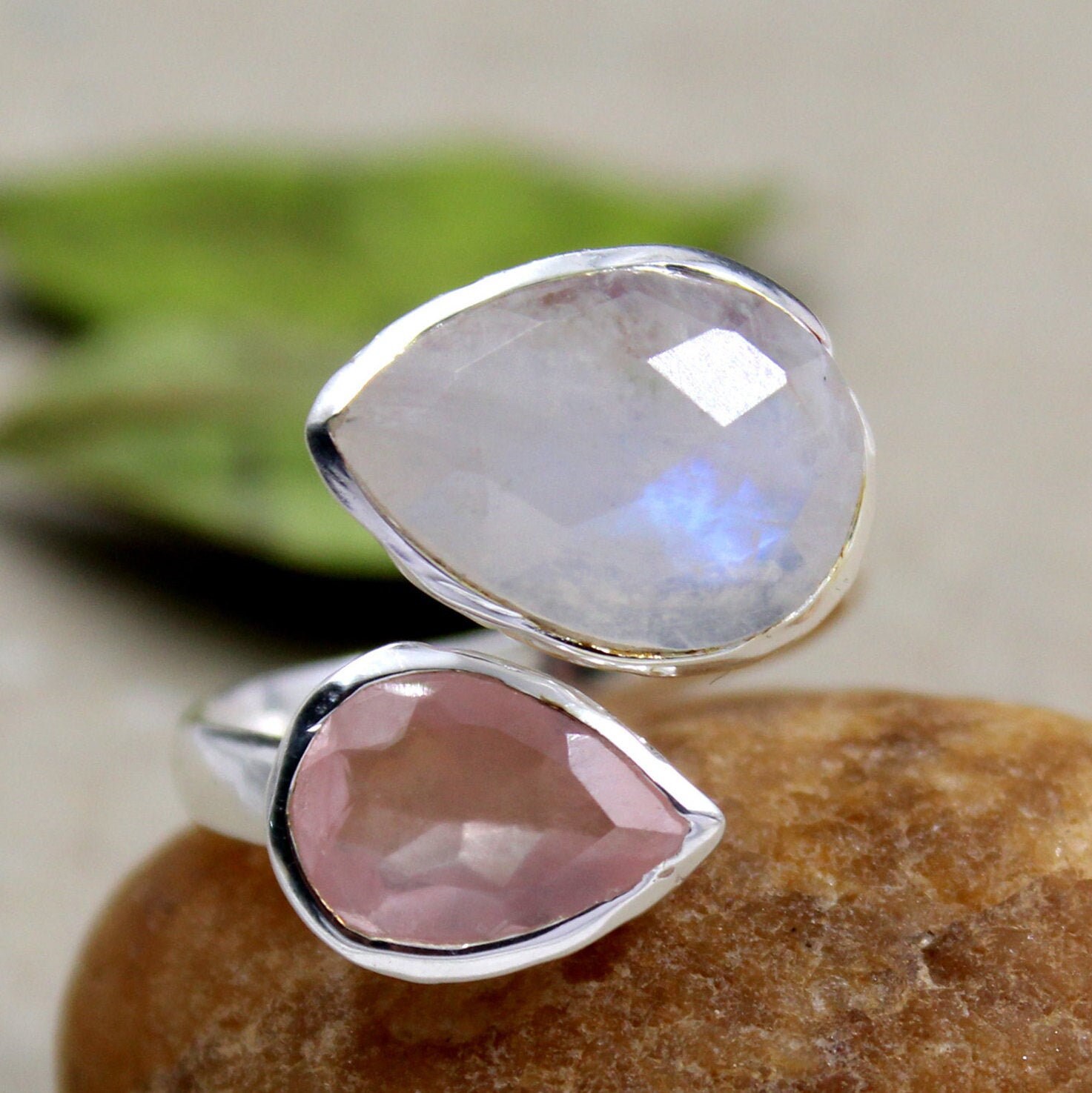 Soothing Moonstone & Rose Quartz Front Open Ring925 Silver | Etsy