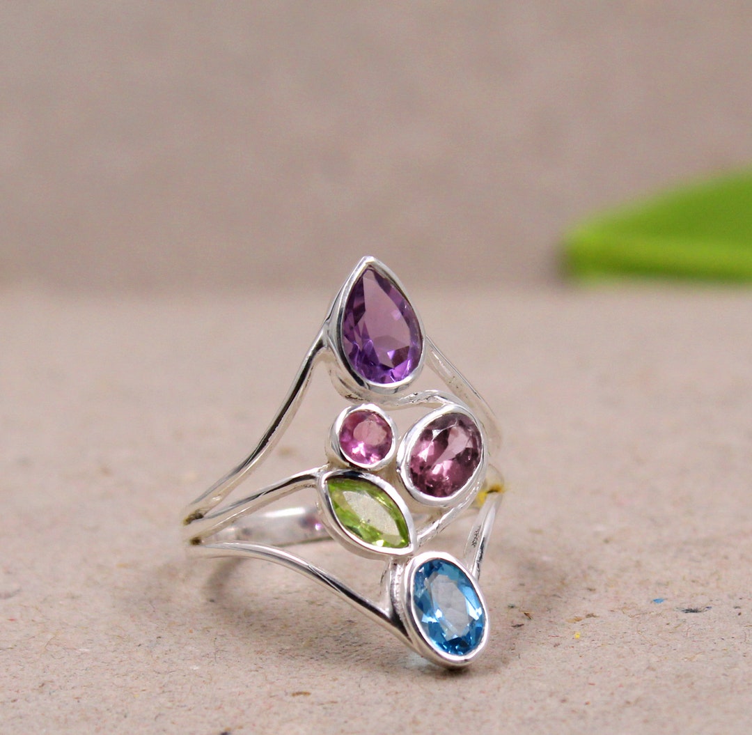 925 Sterling Silver Swiss Blue Topaz Ring,multi Gemstone Ring ...