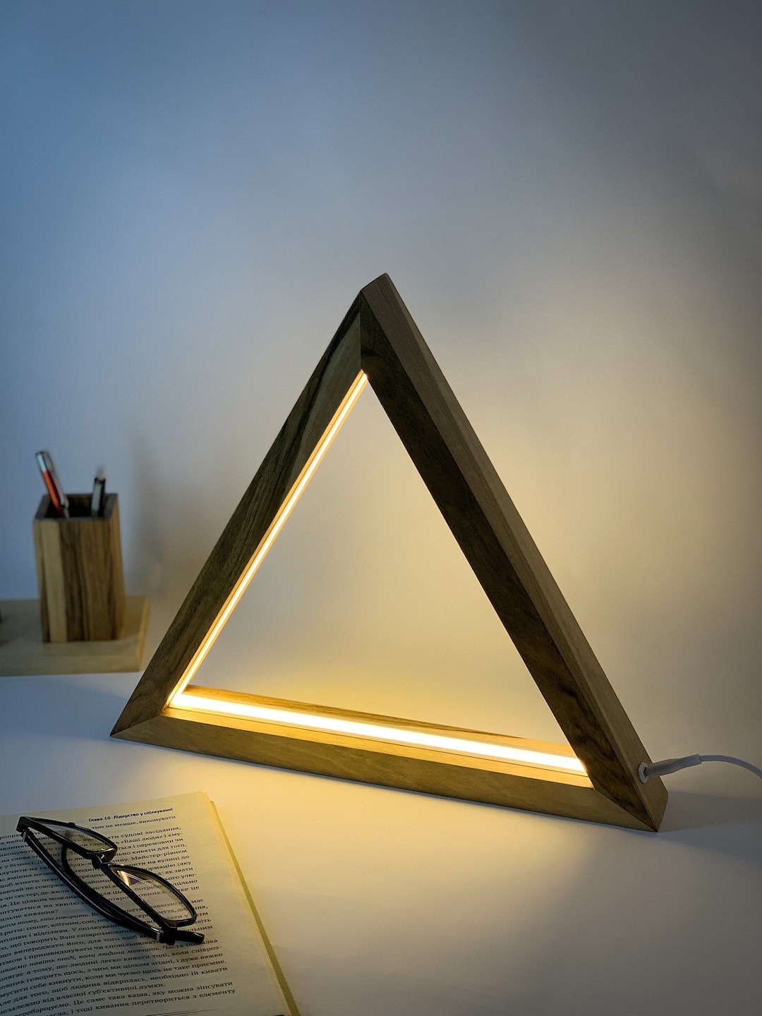 Wooden Triangle Led Table Lamp. Bedside Night Light, Reading Desk Lamp ...