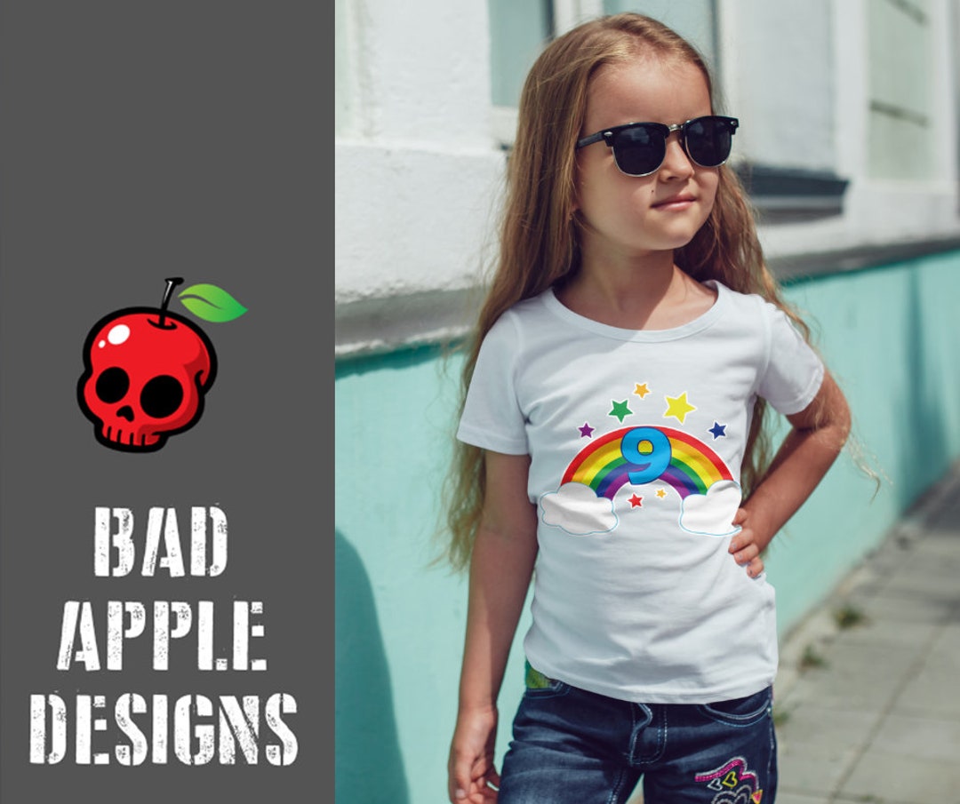 Rainbow, Birthday, Turning 9, Ninth Birthday, 9th, White, Tee Shirt ...
