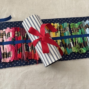 A Rainbow of 50 Skeins of Vintage Embroidery Threads in a Blue Striped ...