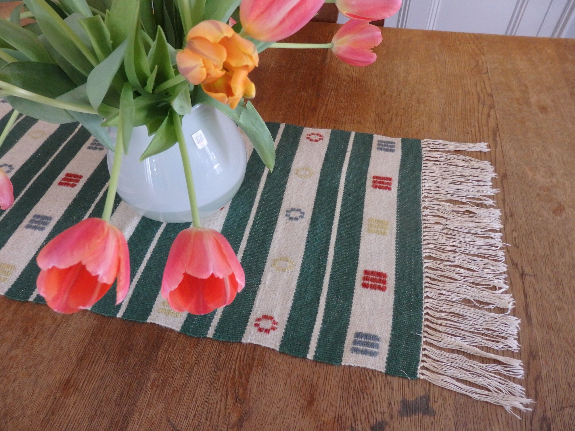 Handwoven Swedish Wool Table Runner Green and Oatmeal Stripes | Etsy