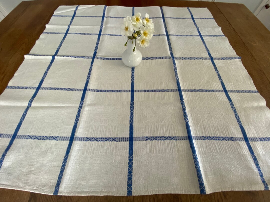 Vintage Swedish Handwoven Square Linen Tablecloth Overshot Weave Blue ...