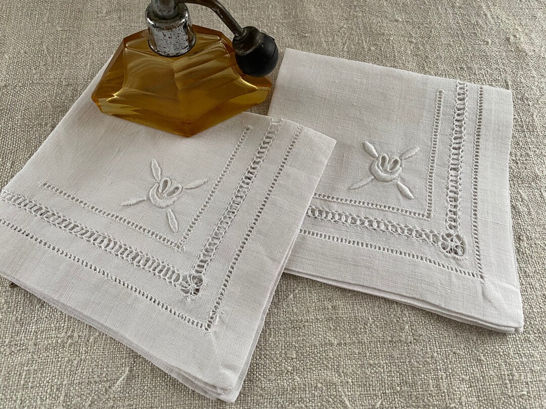 Two Vintage French Linen Handkerchiefs With Drawn Thread and ...