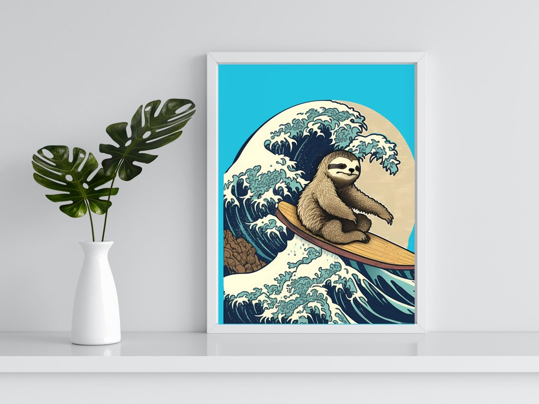 Sloth Surfing on Wave in Japanese Art Style - Instant Download, Png ...