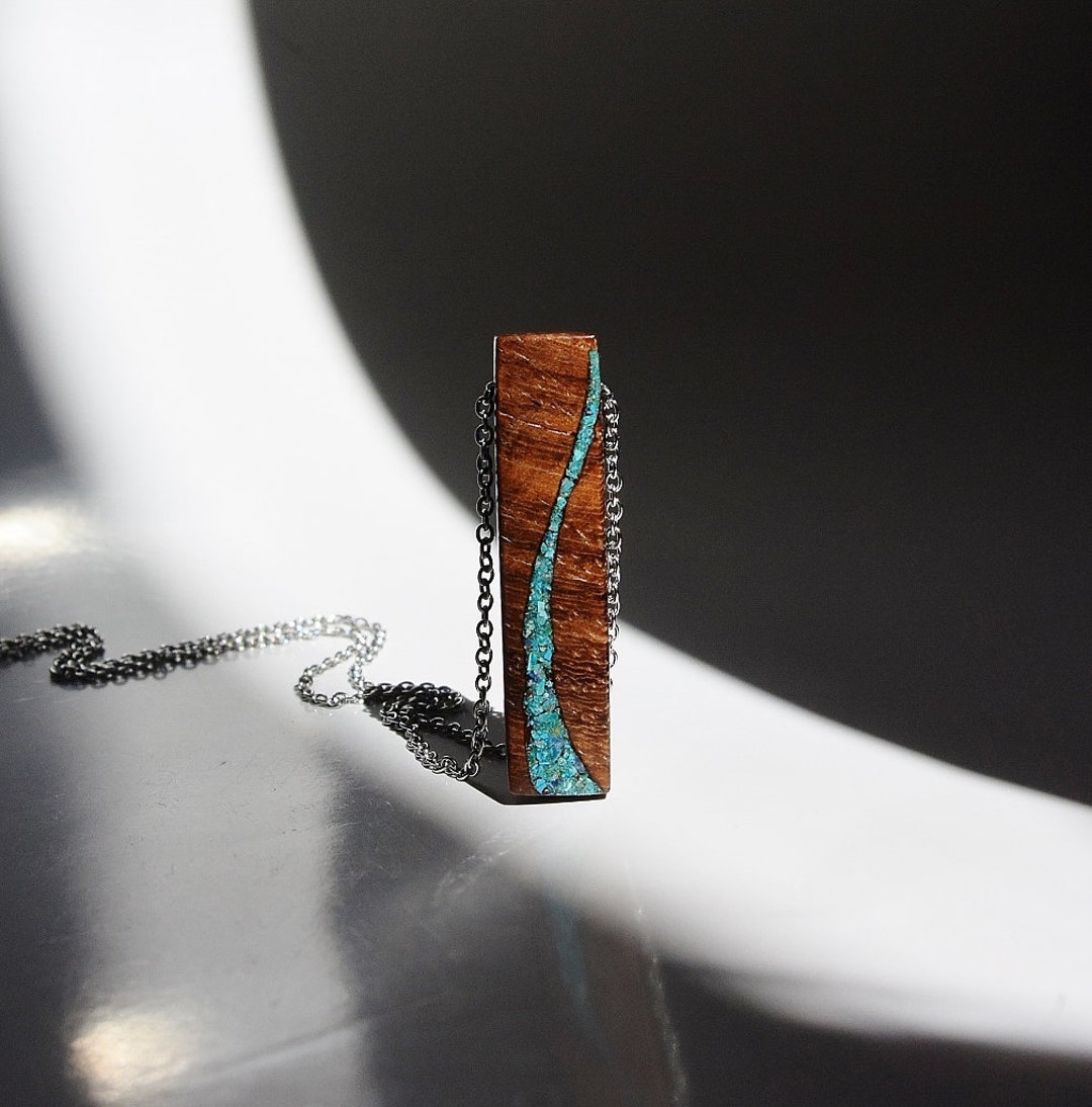 Small Wooden Pendant With Turquoise Inlay, Tiny Pendant, Minimalist ...